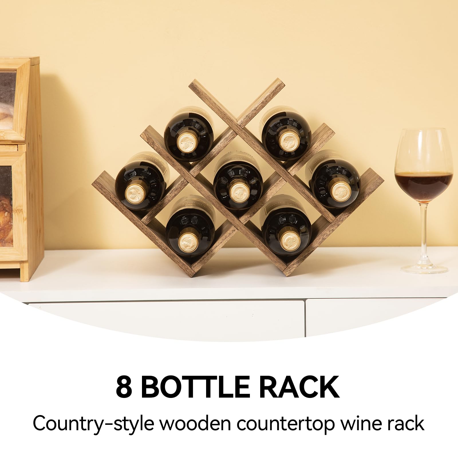 KIRIGEN 8-Bottle Countertop Wine Rack - Wine Bottle Holder for Bar Table/ Wine Cabinet Free Standing - Wood 3-Tier Wine Display and Storage Shelves Dark Brown XHJJ3-DBR