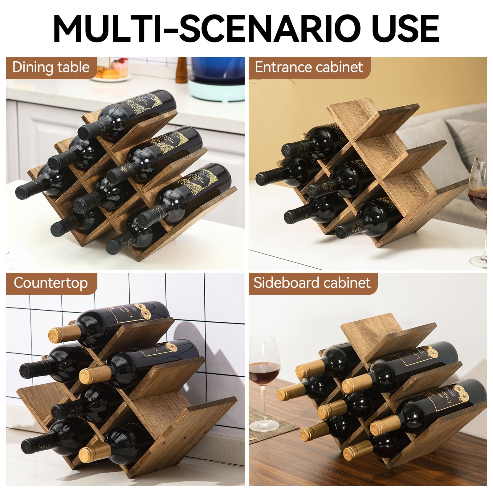 KIRIGEN 8-Bottle Countertop Wine Rack - Wine Bottle Holder for Bar Table/ Wine Cabinet Free Standing - Wood 3-Tier Wine Display and Storage Shelves Dark Brown XHJJ3-DBR