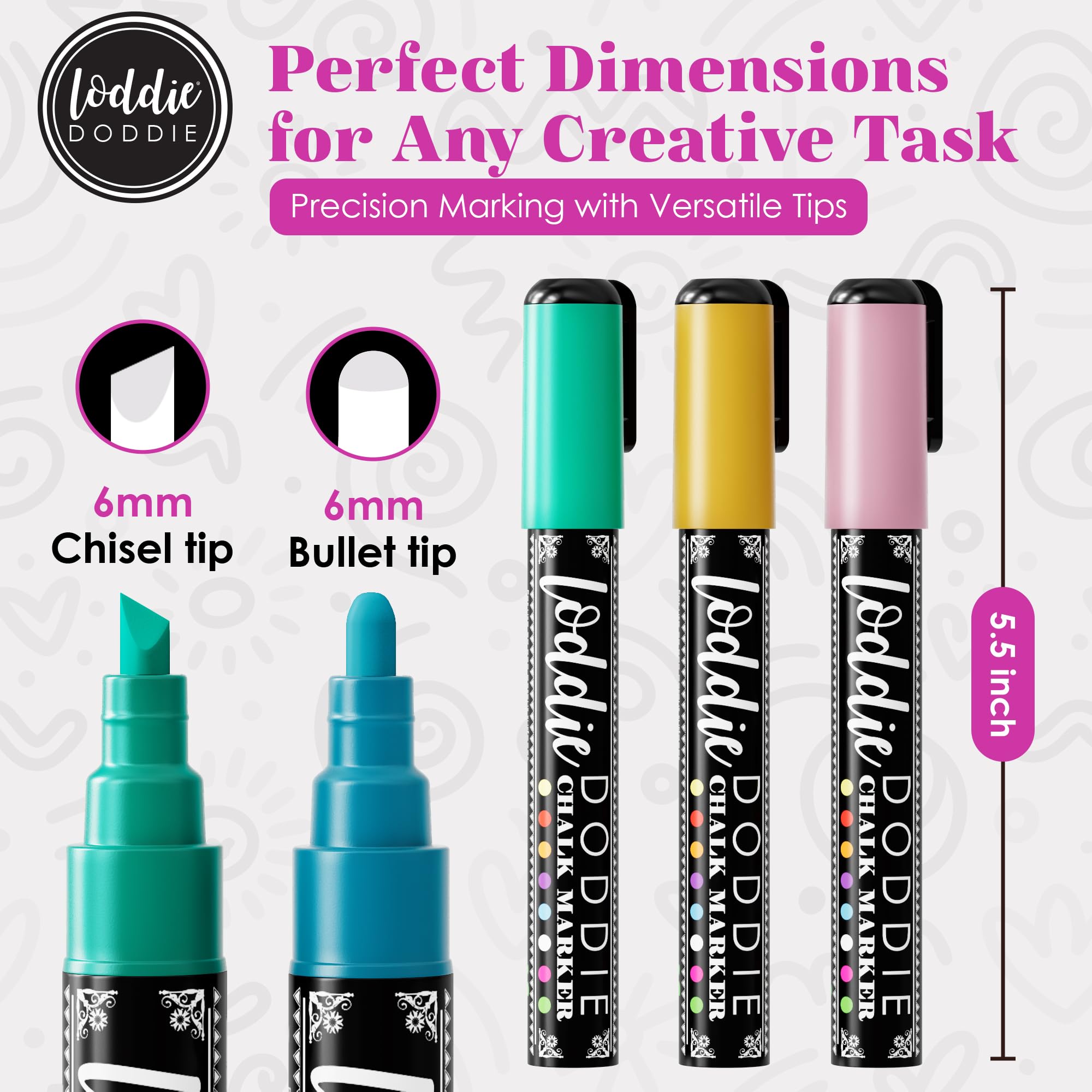 Loddie Doddie Liquid Chalk Markers for Chalkboard - 6mm Reversible Chisel and Bullet Tips, Chalkboard Markers Erasable, Macaron Pastel Chalk Pens 8 Count