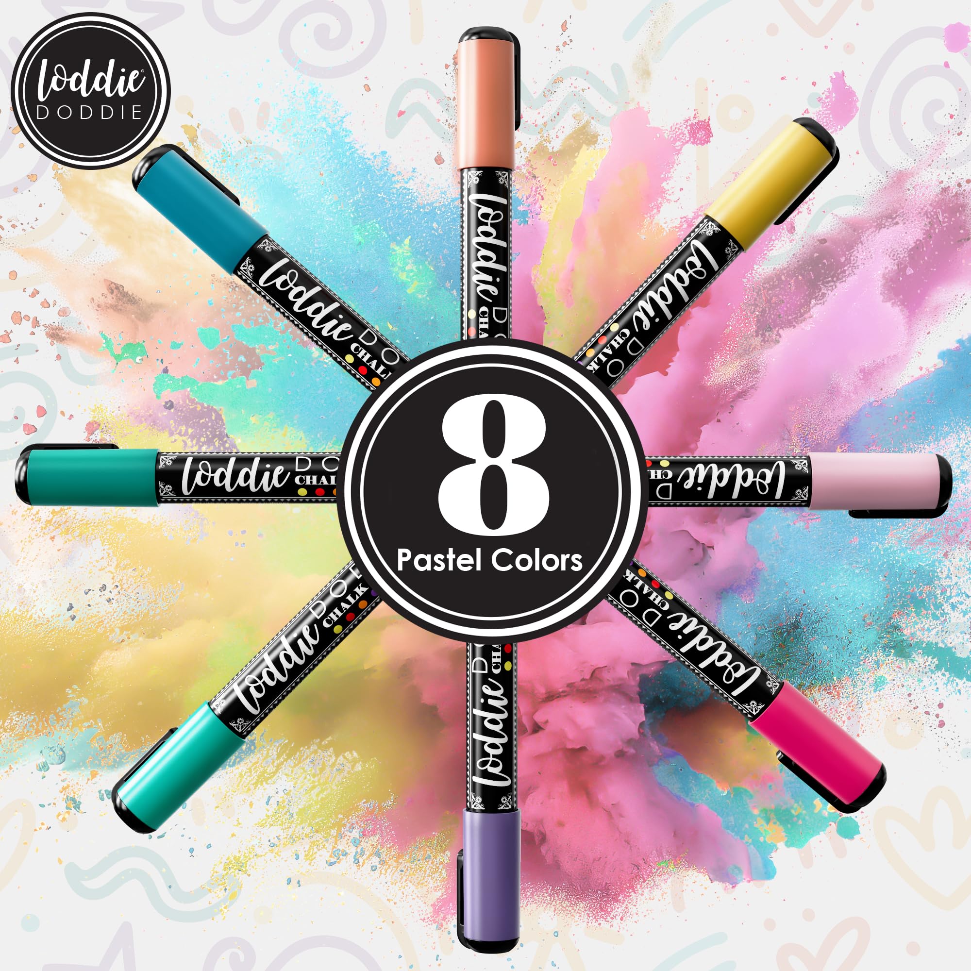 Loddie Doddie Liquid Chalk Markers for Chalkboard - 6mm Reversible Chisel and Bullet Tips, Chalkboard Markers Erasable, Macaron Pastel Chalk Pens 8 Count