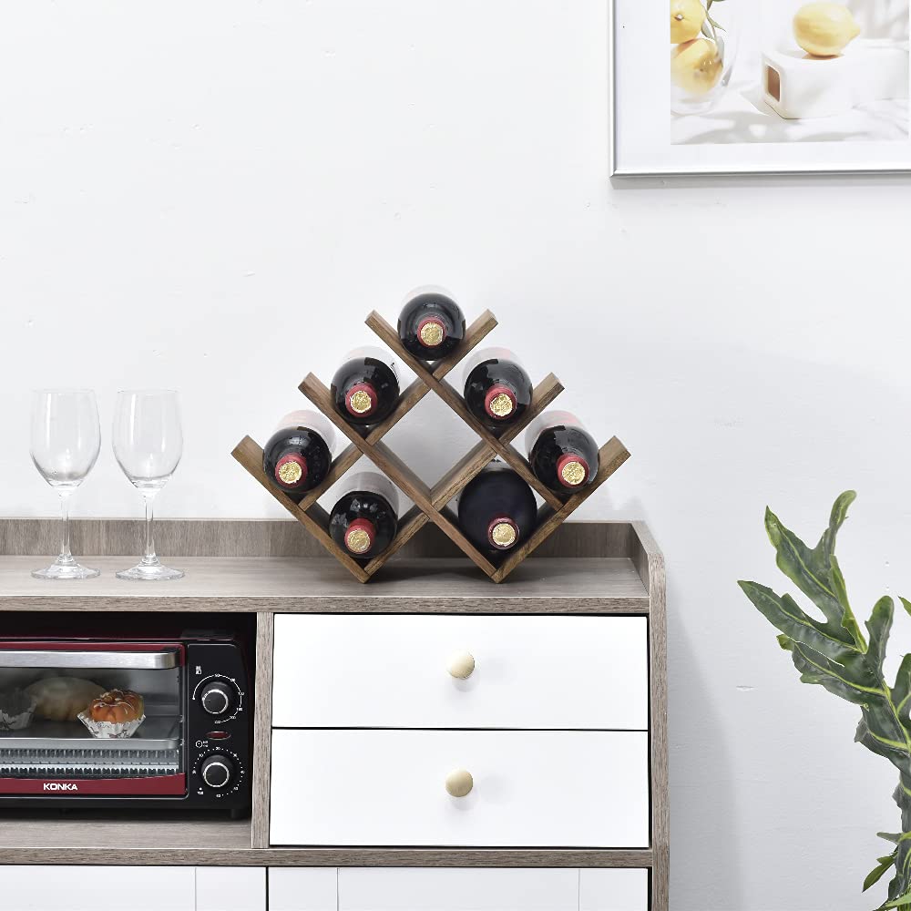 KIRIGEN 8-Bottle Countertop Wine Rack - Wine Bottle Holder for Bar Table/ Wine Cabinet Free Standing - Wood 3-Tier Wine Display and Storage Shelves Dark Brown XHJJ3-DBR