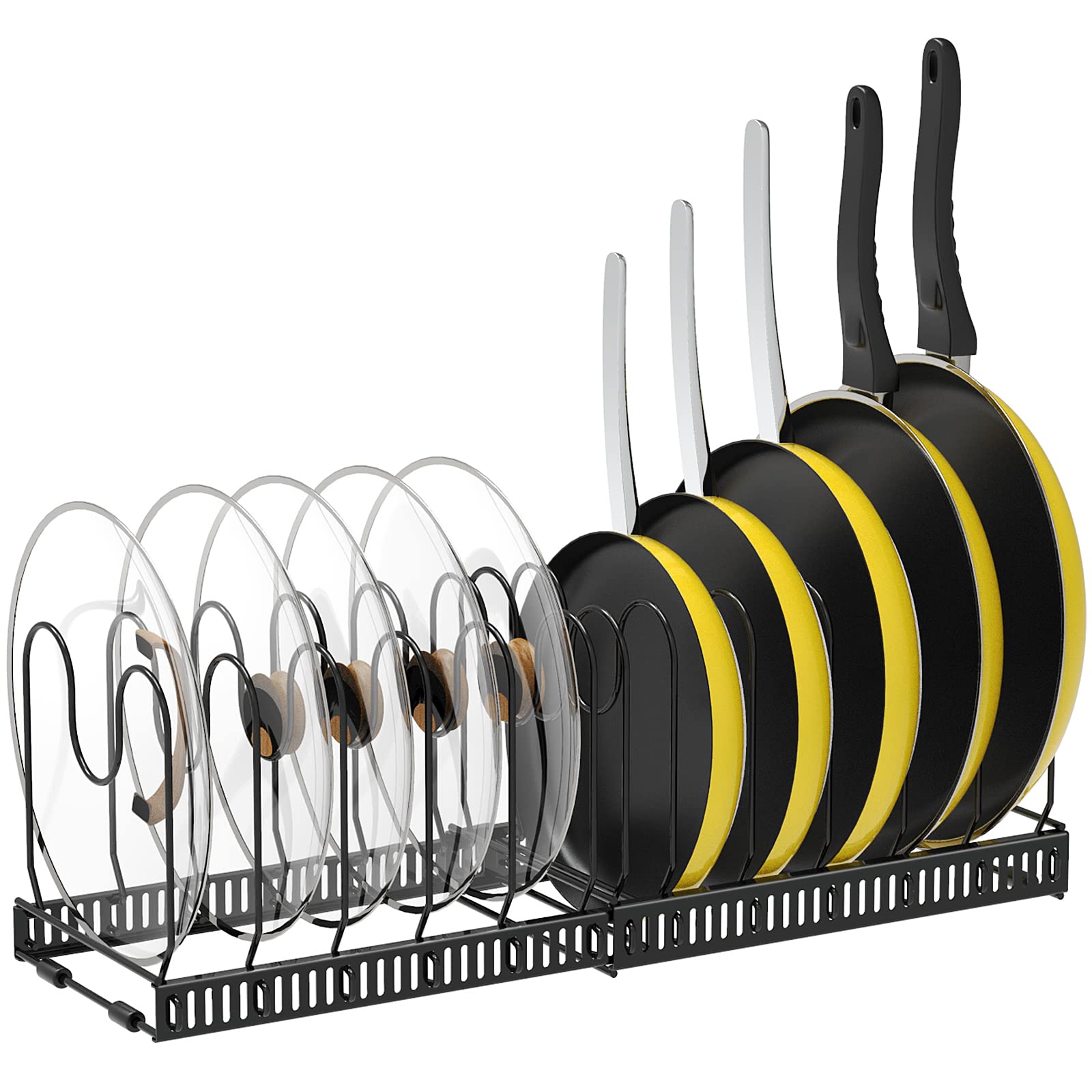 BesChase Pots and Pans Organizer, Expandable Pot Rack with 12 Adjustable Dividers, Pot Pan Lid Organizer Holder for Cabinet Countertop Cupboard Kitchen Storage