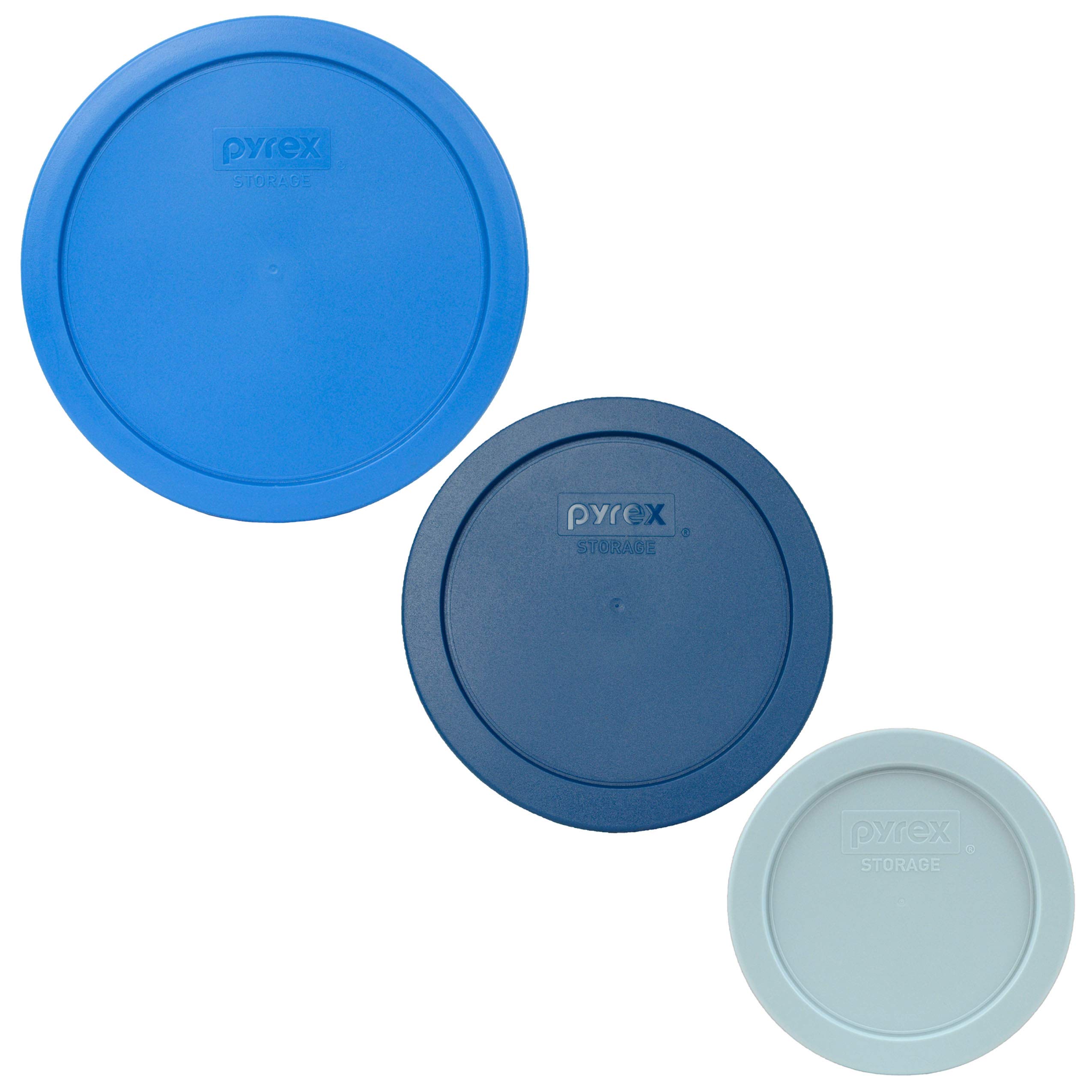 Pyrex (1) 7402-PC Marine Blue & (1) 7201-PC Blue Spruce & (1) 7200-PC Muddy Aqua Round Plastic Food Storage Replacement Lids
