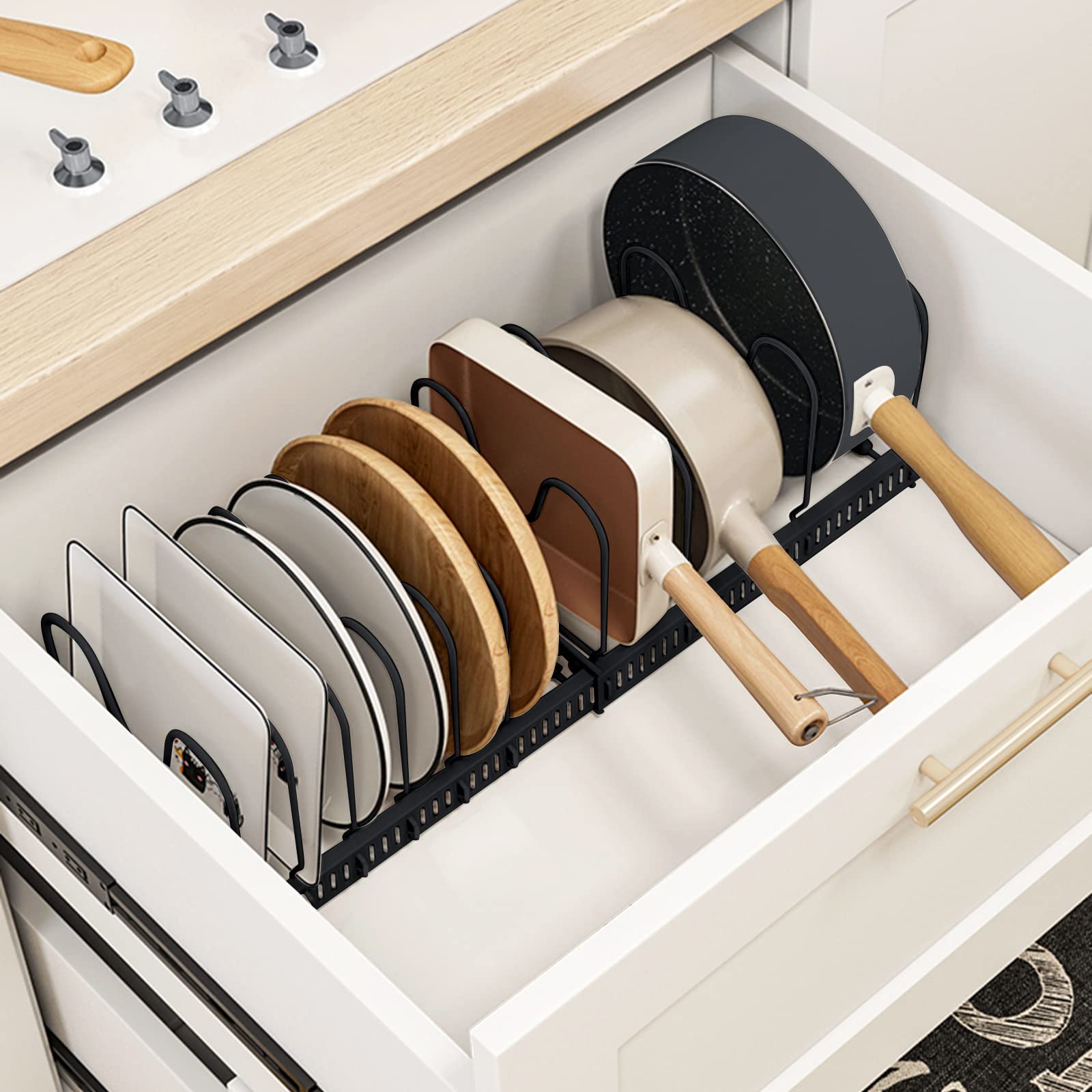 BesChase Pots and Pans Organizer, Expandable Pot Rack with 12 Adjustable Dividers, Pot Pan Lid Organizer Holder for Cabinet Countertop Cupboard Kitchen Storage