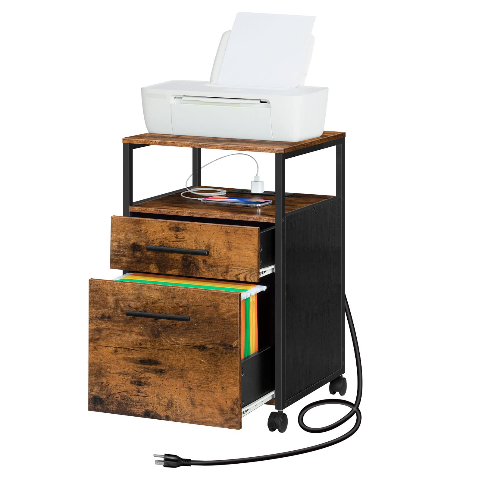 HOOBRO 2 Drawers File Cabinet, Filing Cabinet with Charging Station, Office Cabinet with Open Shelf, Wheels, Hanging File Folders, for A4, Letter Size, Home Office, Rustic Brown BF651WJ01