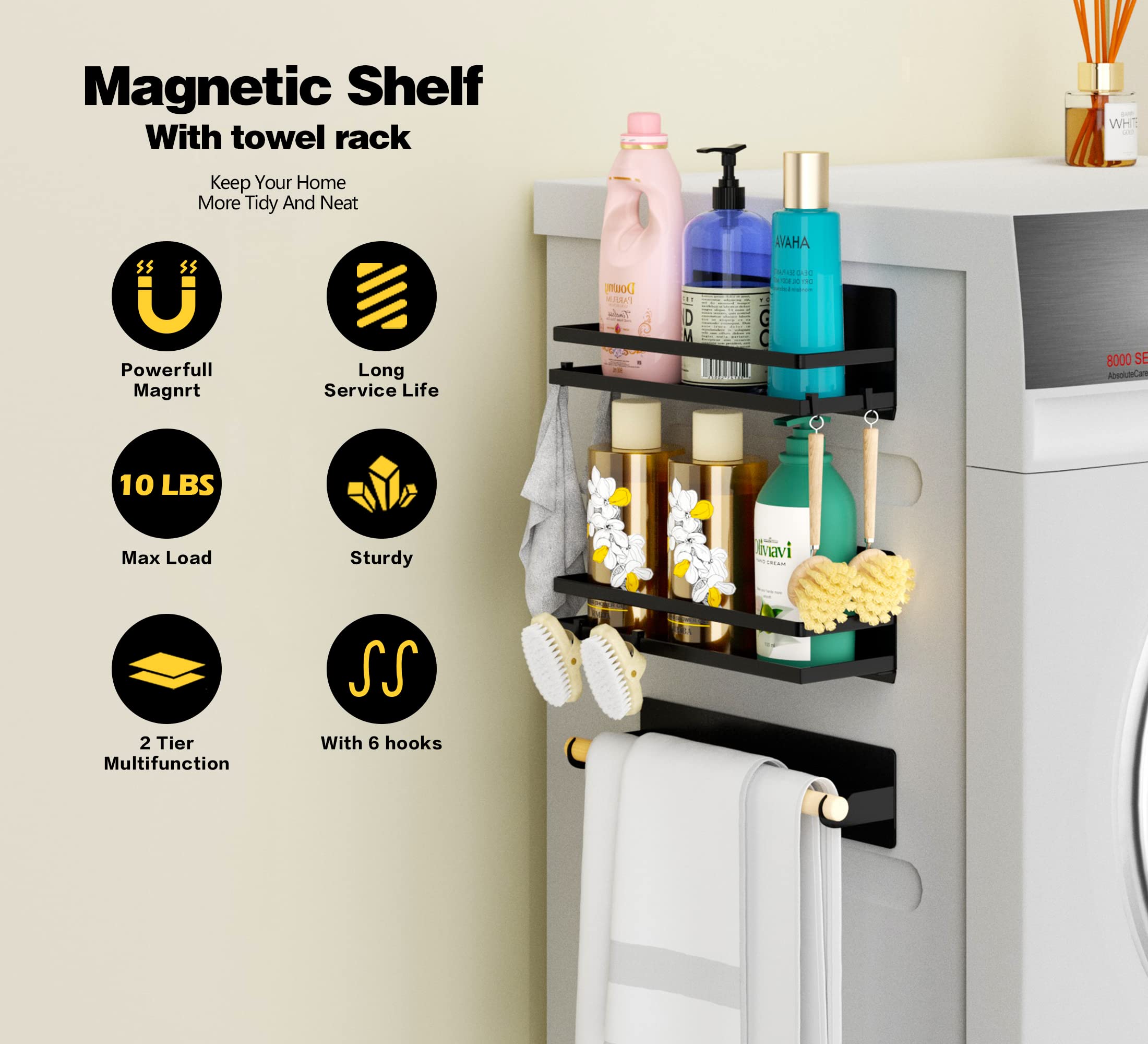 Strong Magnetic Large Shelf Spice Rack Magnetic Paper Towel Holder with Hooks for Refrigerator Fridge Organizer for Kitchen, Space Saver Container for Kitchen Apartment, Drill Free, Black
