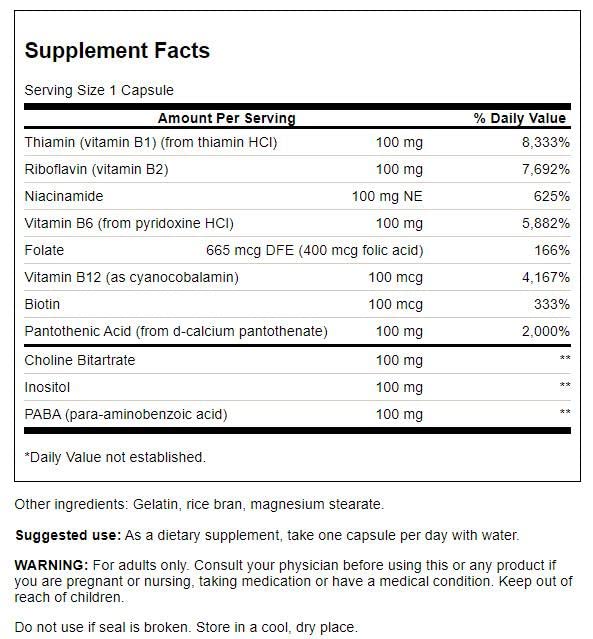 Swanson B-100 B-Complex Vitamins Energy Cardio Stress Metabolism Support 300 Capsules (4 Pack)