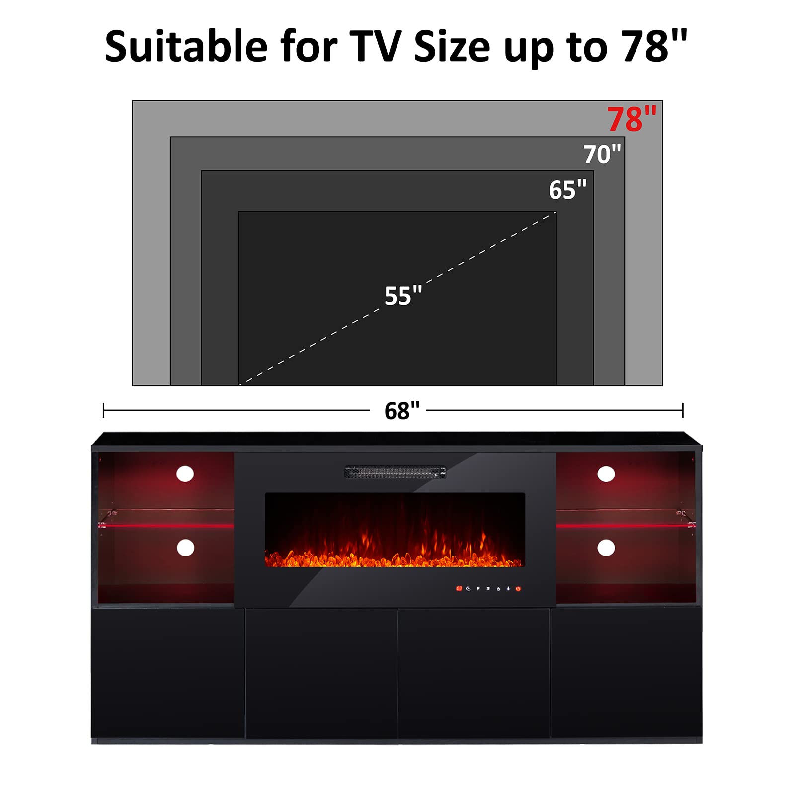 LUXOAK Fireplace TV Stand for TVs up to 75", Modern High Gloss Entertainment Center with 40" Fireplace, 4 Shelves & Storage Cabinets, Media Console Table 68 Inches, Black