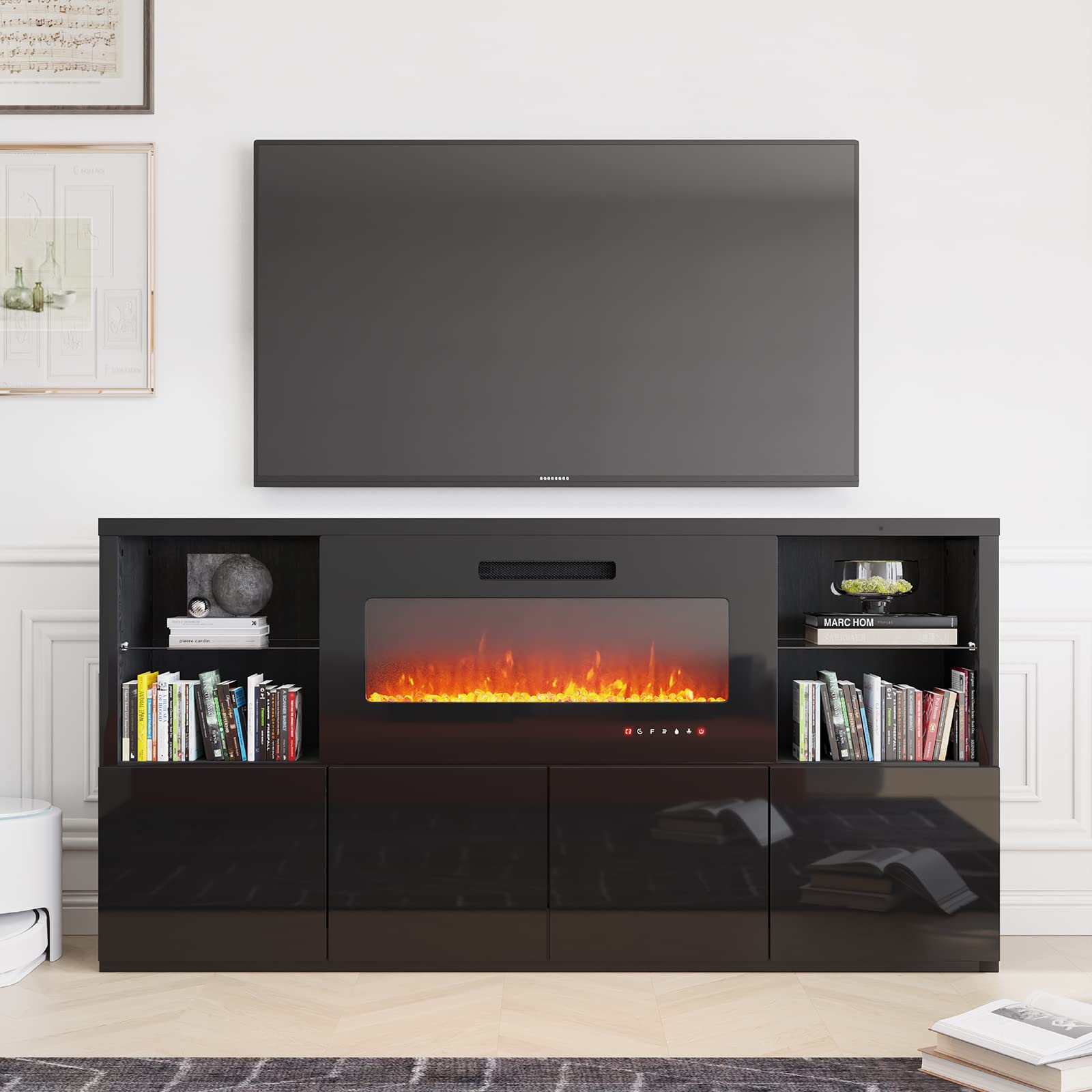 LUXOAK Fireplace TV Stand for TVs up to 75", Modern High Gloss Entertainment Center with 40" Fireplace, 4 Shelves & Storage Cabinets, Media Console Table 68 Inches, Black