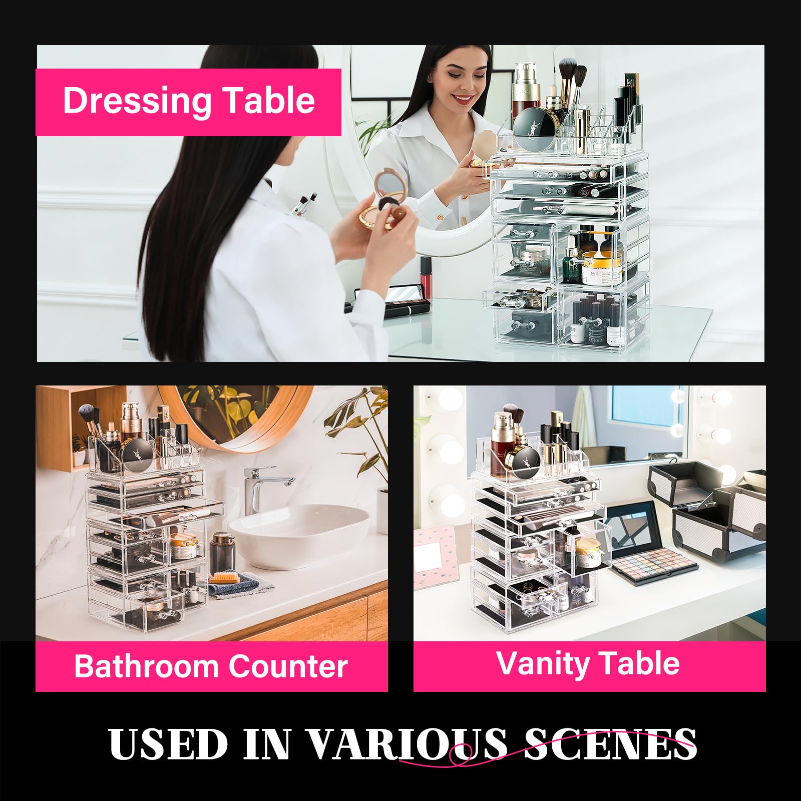 DreamGenius Makeup Organizer 4 Pieces Acrylic Makeup Storage Organizer Box with 9 Drawers for Lipstick Jewerly and Makeup Brushes, Stackable Cosmetic Display Cases for Dresser and Bathroom Countertop
