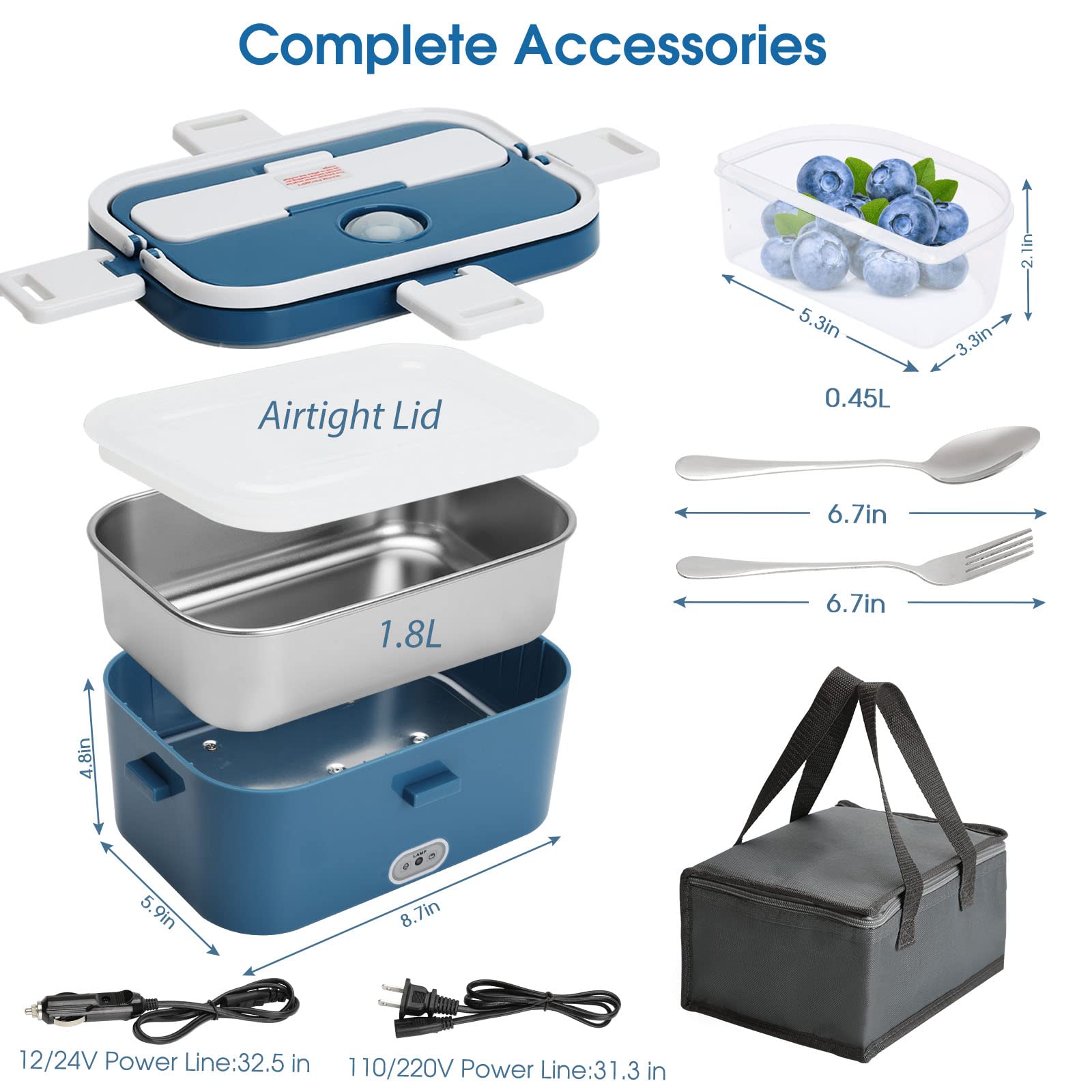 Kabbas Electric Lunch Box Food Heater with Airtight Lid 70W Leakproof Portable Heated Lunch Boxes for Adults Car Truck Work, 12/24V&110/220V Self Heating Lunch Box with 1.8L Removable Container