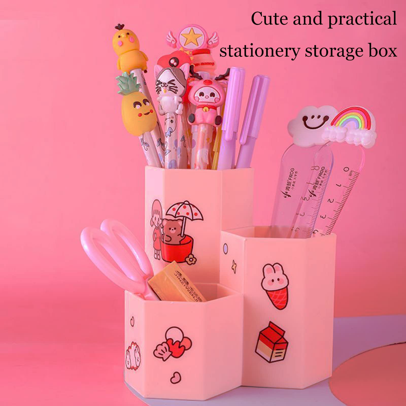 Decohomeforu Desk Pencil Pen Holder, 3 Slots Desk Organizer, Office Supplies Accessory, Cute Desktop Storage Box for Home School Office Art Supply, Pencil Cup, Desktop Stationary Organizer (Pink)