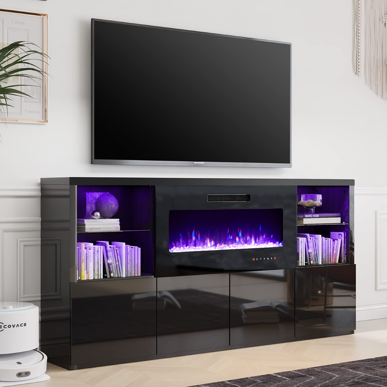 LUXOAK Fireplace TV Stand for TVs up to 75", Modern High Gloss Entertainment Center with 40" Fireplace, 4 Shelves & Storage Cabinets, Media Console Table 68 Inches, Black