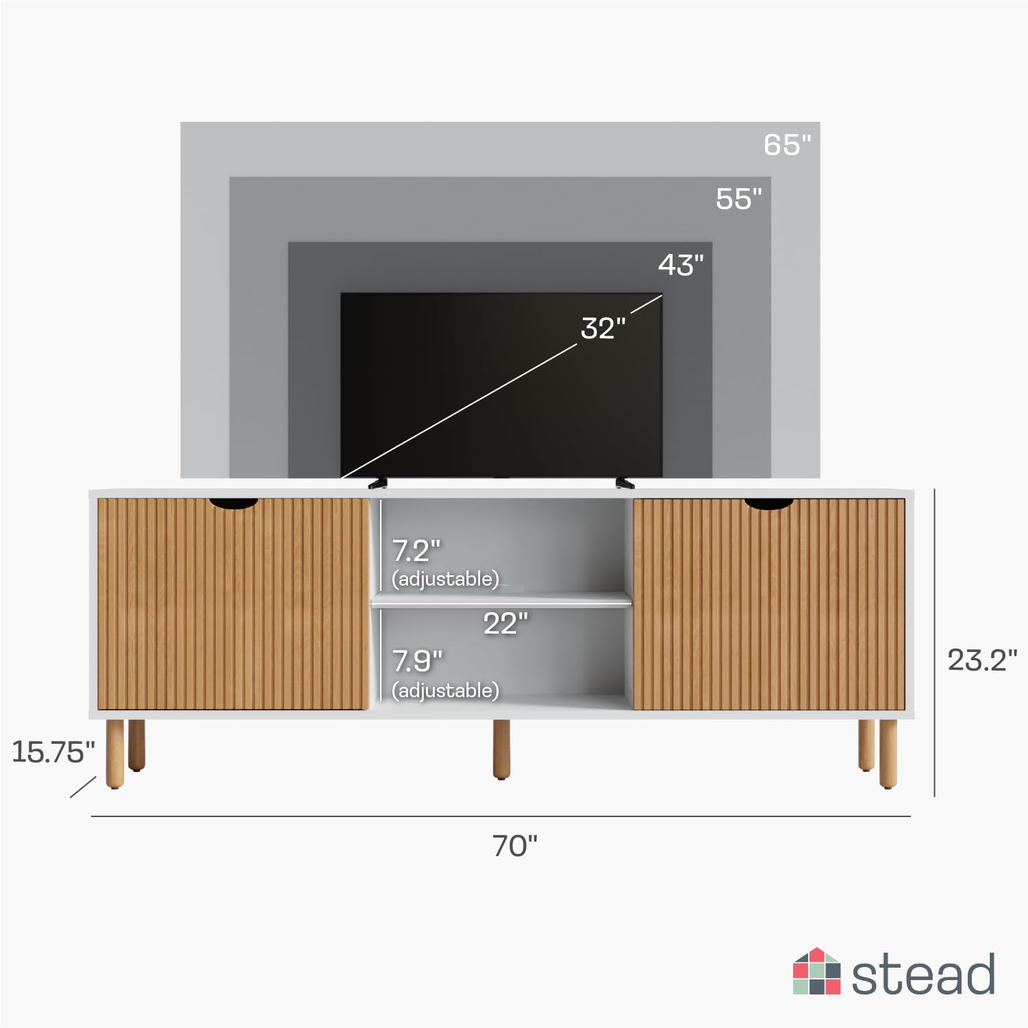 Contemporary Fluted TV Stand - Media Console - 70β Entertainment Center Console Table with Storage for Living Room - Fits 32 to 80" TVs (White and Oak)