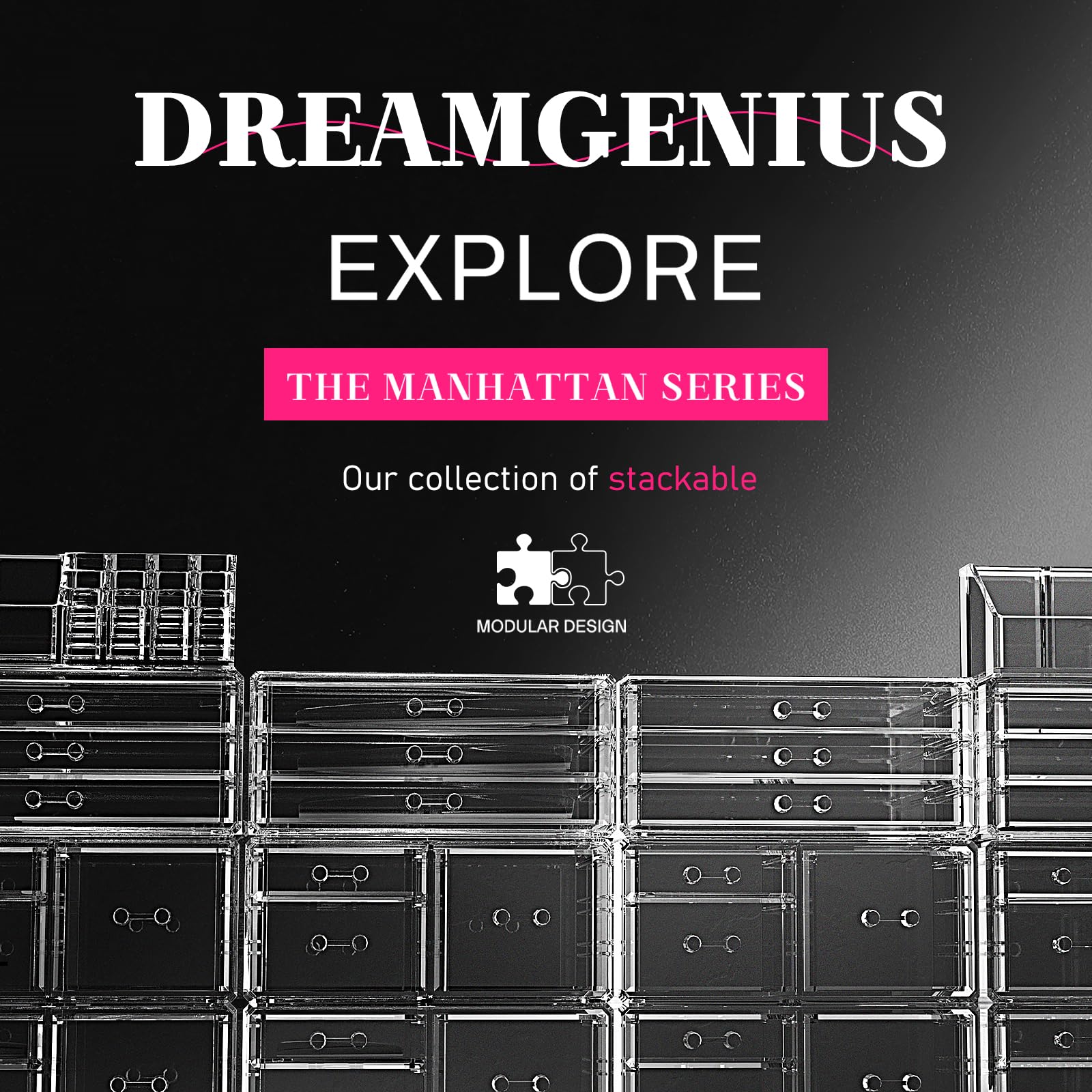 DreamGenius Makeup Organizer 4 Pieces Acrylic Makeup Storage Organizer Box with 9 Drawers for Lipstick Jewerly and Makeup Brushes, Stackable Cosmetic Display Cases for Dresser and Bathroom Countertop