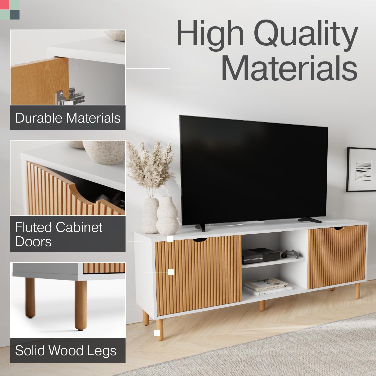 Contemporary Fluted TV Stand - Media Console - 70β Entertainment Center Console Table with Storage for Living Room - Fits 32 to 80" TVs (White and Oak)