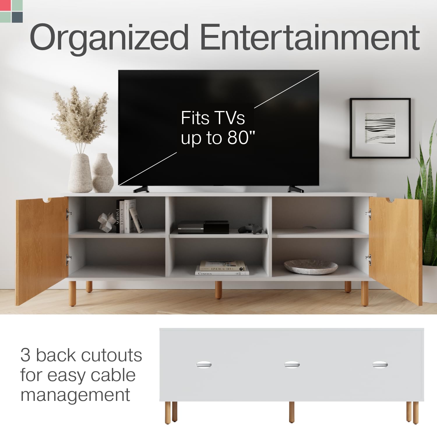 Contemporary Fluted TV Stand - Media Console - 70β Entertainment Center Console Table with Storage for Living Room - Fits 32 to 80" TVs (White and Oak)