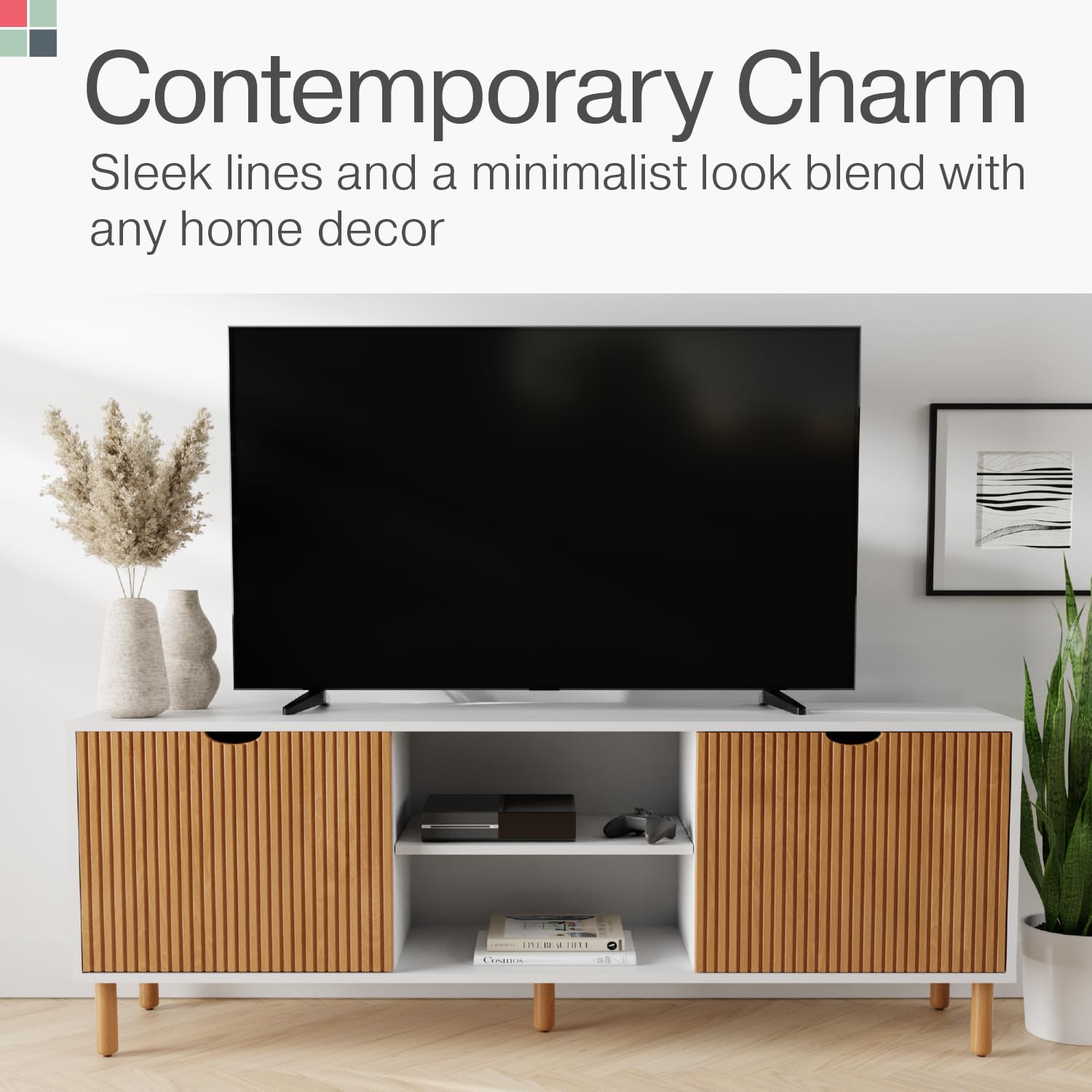 Contemporary Fluted TV Stand - Media Console - 70β Entertainment Center Console Table with Storage for Living Room - Fits 32 to 80" TVs (White and Oak)
