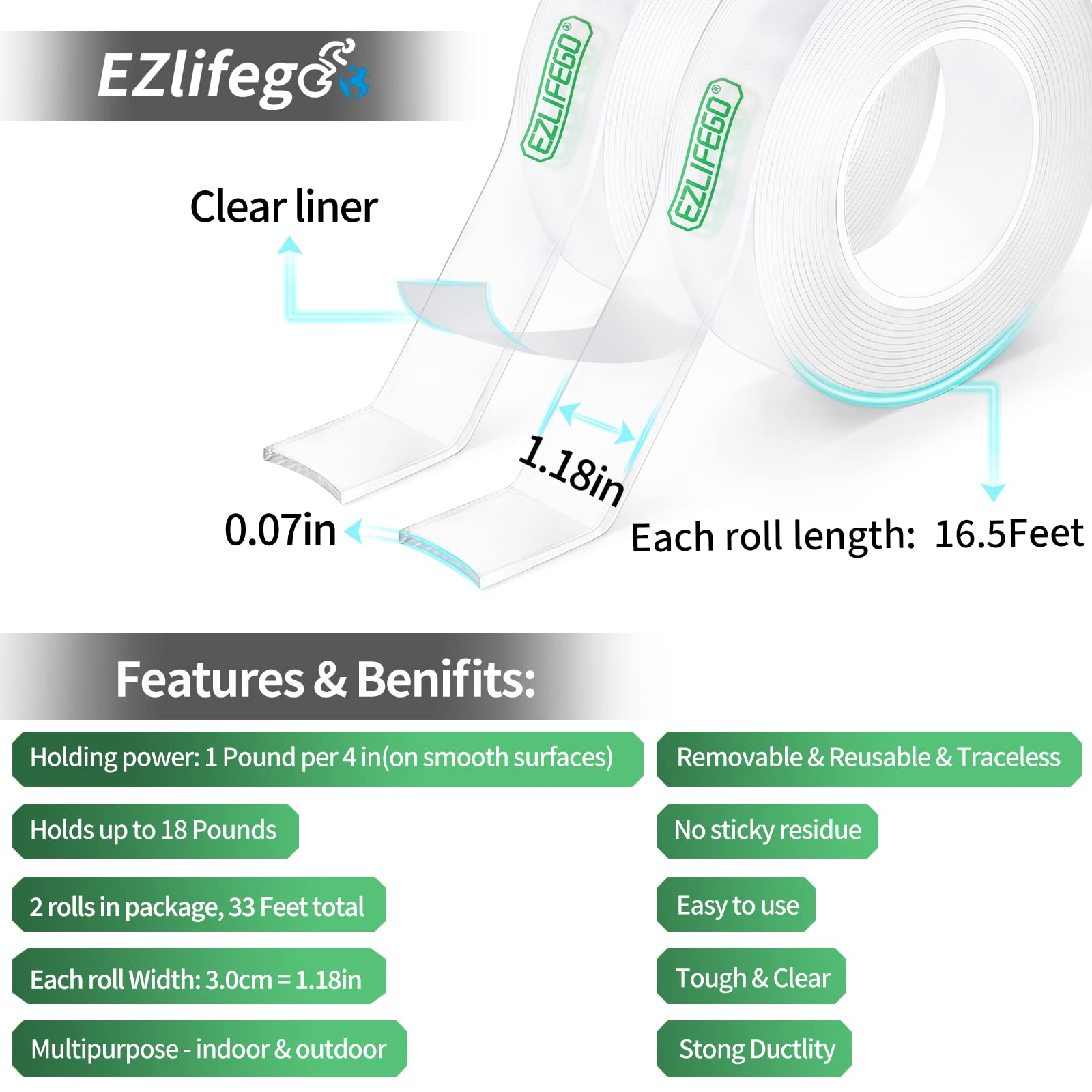 EZlifego Double Sided Tape Heavy Duty(Extra Large, Pack of 2, Total 33FT), Removable Clear & Tough Mounting Tape Sticky Adhesive, Reusable Strong Wall Tape Picture Hanging Strips Poster Carpet Tape