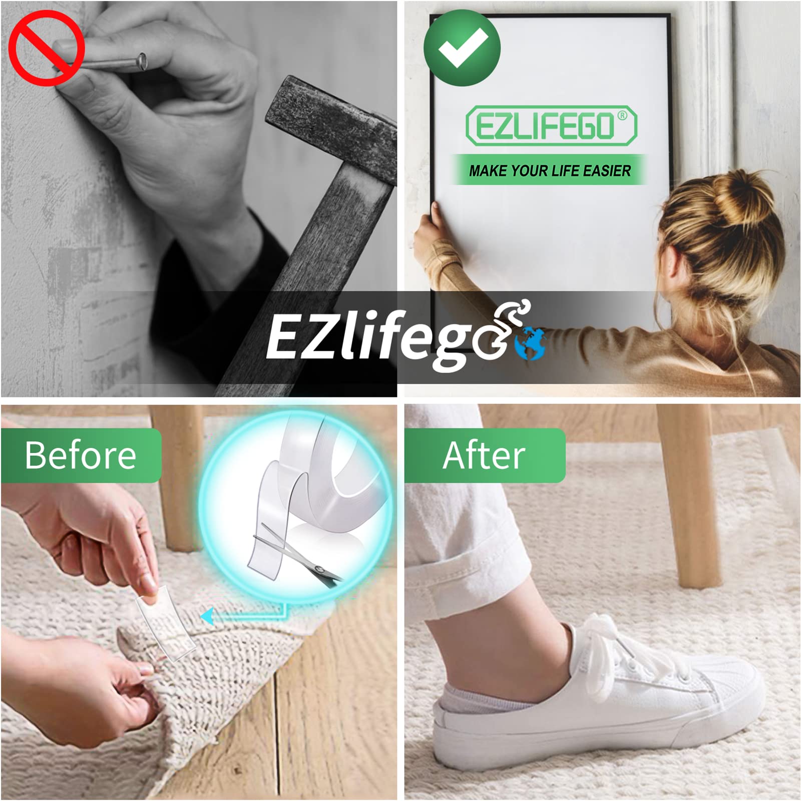 EZlifego Double Sided Tape Heavy Duty(Extra Large, Pack of 2, Total 33FT), Removable Clear & Tough Mounting Tape Sticky Adhesive, Reusable Strong Wall Tape Picture Hanging Strips Poster Carpet Tape