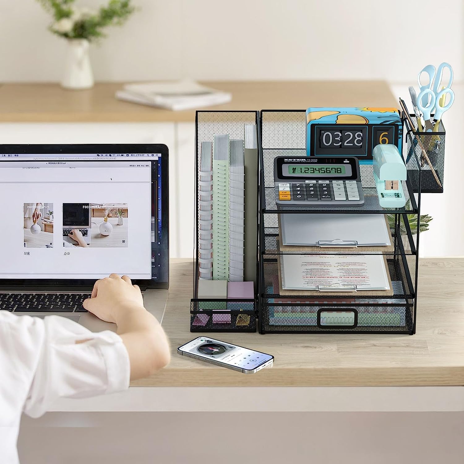 Desk Organizer, File Organizer for Desk with Vertical File Folder Holders, 4-Tier Paper Letter Tray with Sliding Drawer and Pen Holder, Desk Accessories & Workspace Organizers for Office School Home