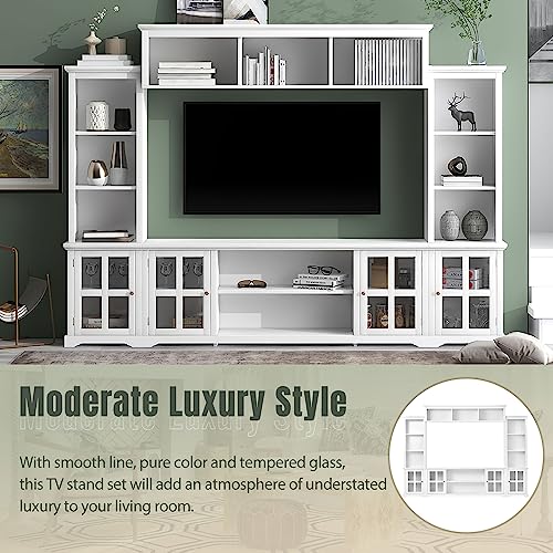 Merax Minimalism Style Entertainment Wall Unit with Bridge, Multifunctional TV Stand with Tempered Glass Door Modern Console Table for Televisions Up to 70”, 104.3 inch Length, White