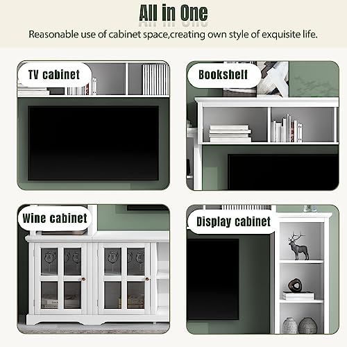 Merax Minimalism Style Entertainment Wall Unit with Bridge, Multifunctional TV Stand with Tempered Glass Door Modern Console Table for Televisions Up to 70”, 104.3 inch Length, White
