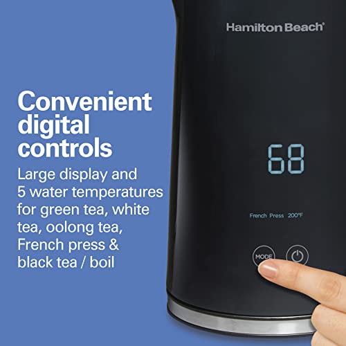 Hamilton Beach 41033 Digital Electric Tea Kettle, Hot Water Boiler & Heater 1.7 L, 5 Preset Modes + Keep Warm, Fast Boil 1500W, BPA Free, Cool-Touch Stainless Steel Exterior, Black