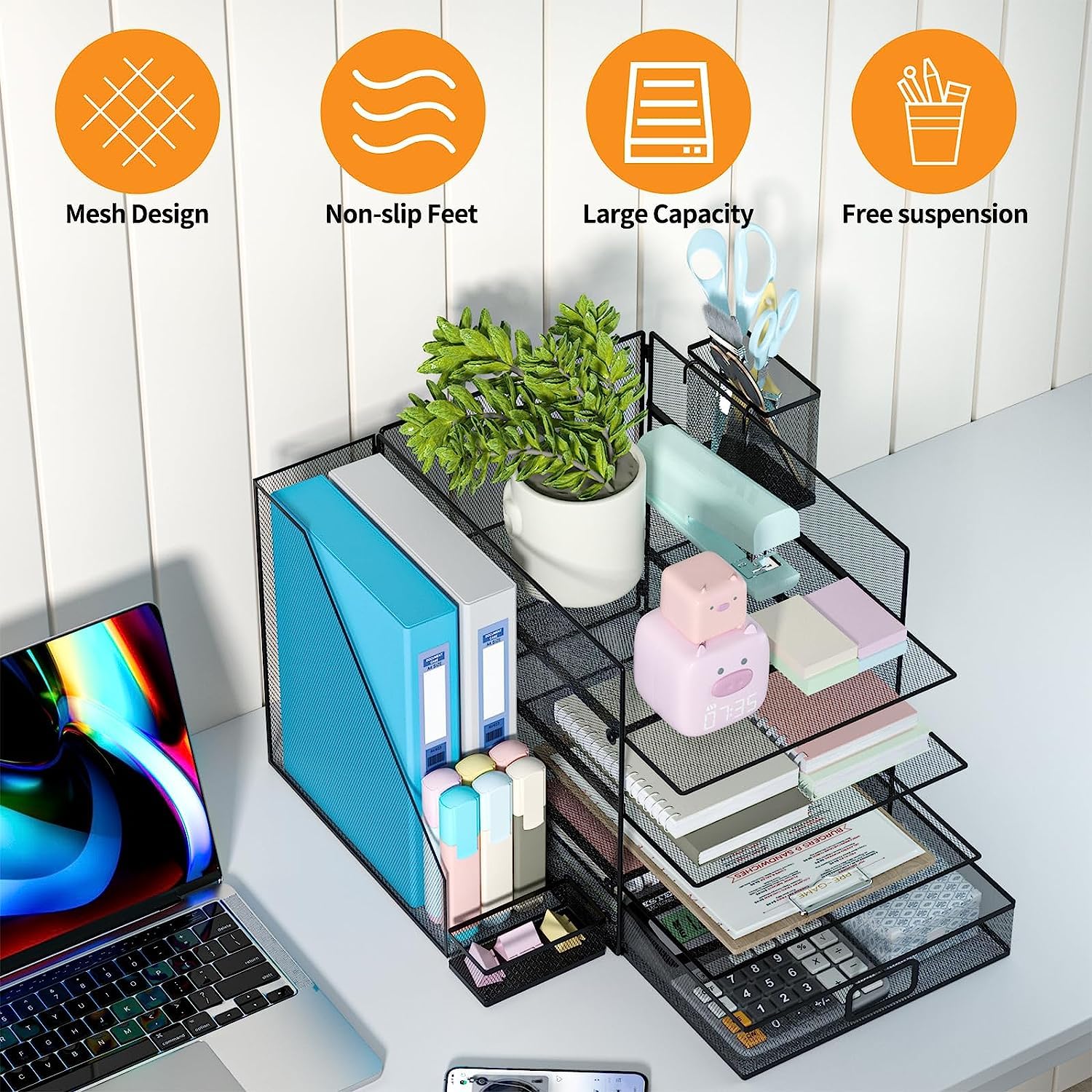 Desk Organizer, File Organizer for Desk with Vertical File Folder Holders, 4-Tier Paper Letter Tray with Sliding Drawer and Pen Holder, Desk Accessories & Workspace Organizers for Office School Home