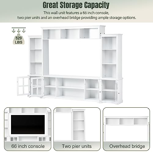 Merax Minimalism Style Entertainment Wall Unit with Bridge, Multifunctional TV Stand with Tempered Glass Door Modern Console Table for Televisions Up to 70”, 104.3 inch Length, White