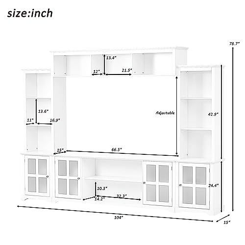Merax Minimalism Style Entertainment Wall Unit with Bridge, Multifunctional TV Stand with Tempered Glass Door Modern Console Table for Televisions Up to 70”, 104.3 inch Length, White
