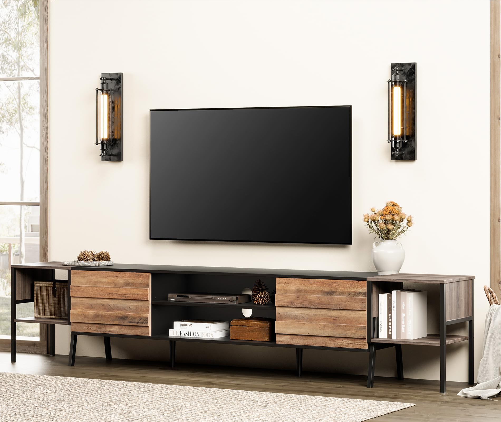 WAMPAT Mid-Century TV Stand for 100 Inch TV, Wood Entertainment Center for 85 90 95 inch TV Console Table with Open Storage for Living Room Bedroom,Black&Brown