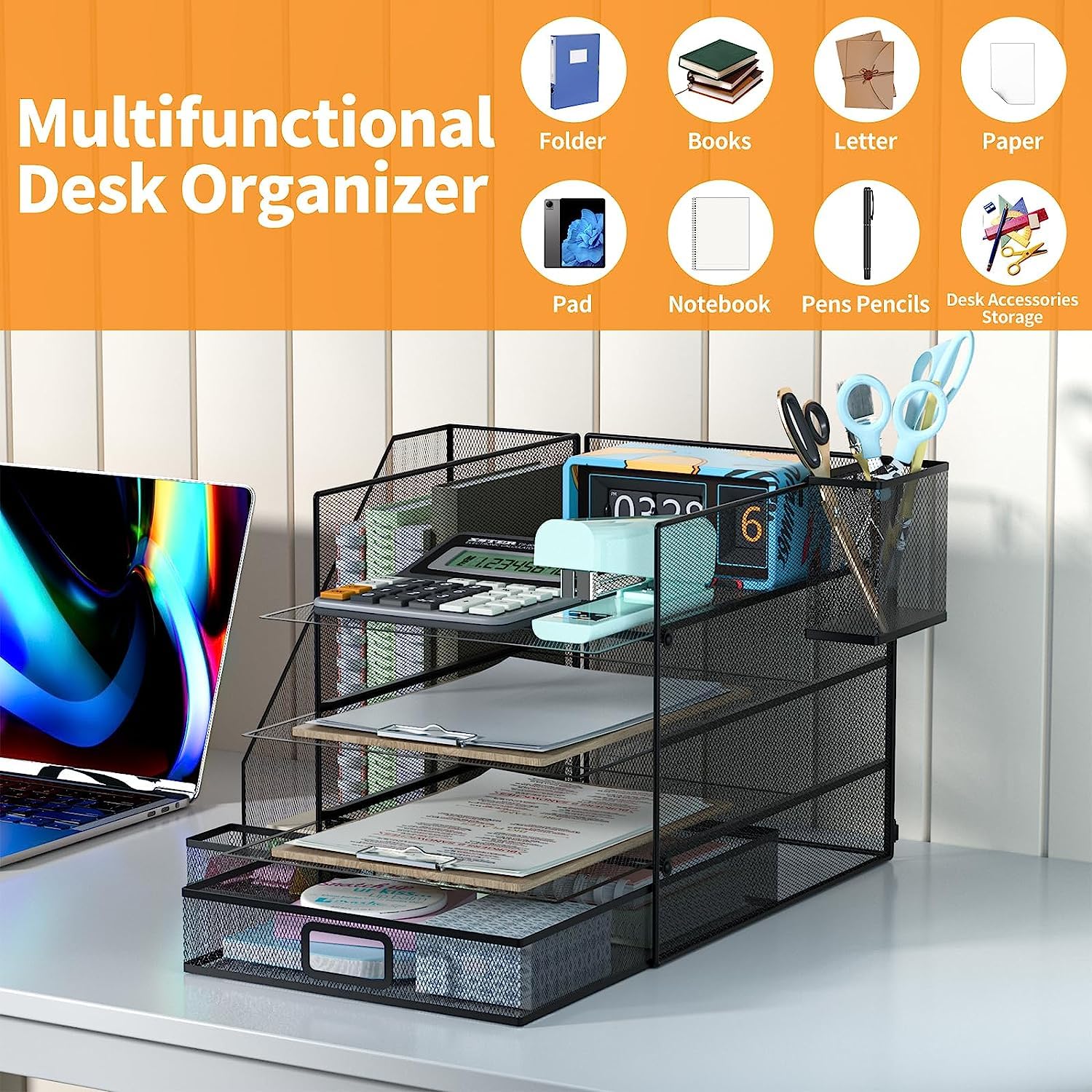 Desk Organizer, File Organizer for Desk with Vertical File Folder Holders, 4-Tier Paper Letter Tray with Sliding Drawer and Pen Holder, Desk Accessories & Workspace Organizers for Office School Home