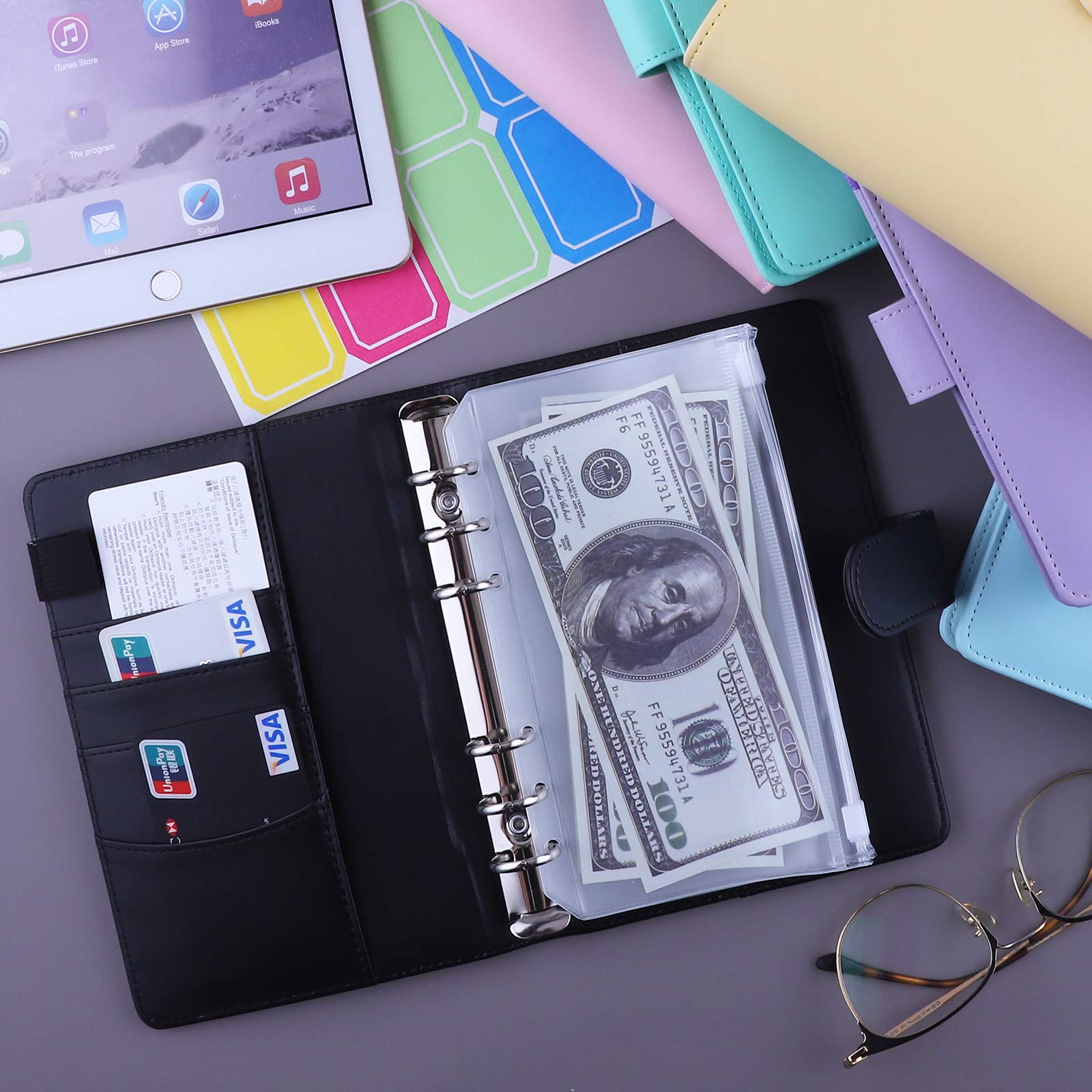 Antner Budget Binder with Zipper Envelopes, Money Binder Organizer with Cash Envelopes for Budgeting & Saving Money, A6 Budget Planner with 12 Cash Envelopes & 20 Colorful Stickers for Cash, Black