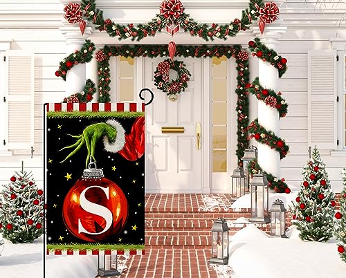 BLKWHT Christmas Monogram Letter S Garden Flag 12x18 Vertical Double Sided Winter Holiday Outside Decorations Burlap Family Last Name Initial Yard Flag