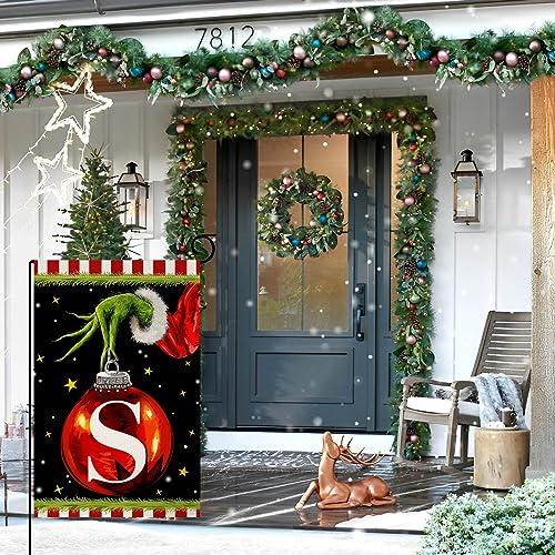 BLKWHT Christmas Monogram Letter S Garden Flag 12x18 Vertical Double Sided Winter Holiday Outside Decorations Burlap Family Last Name Initial Yard Flag