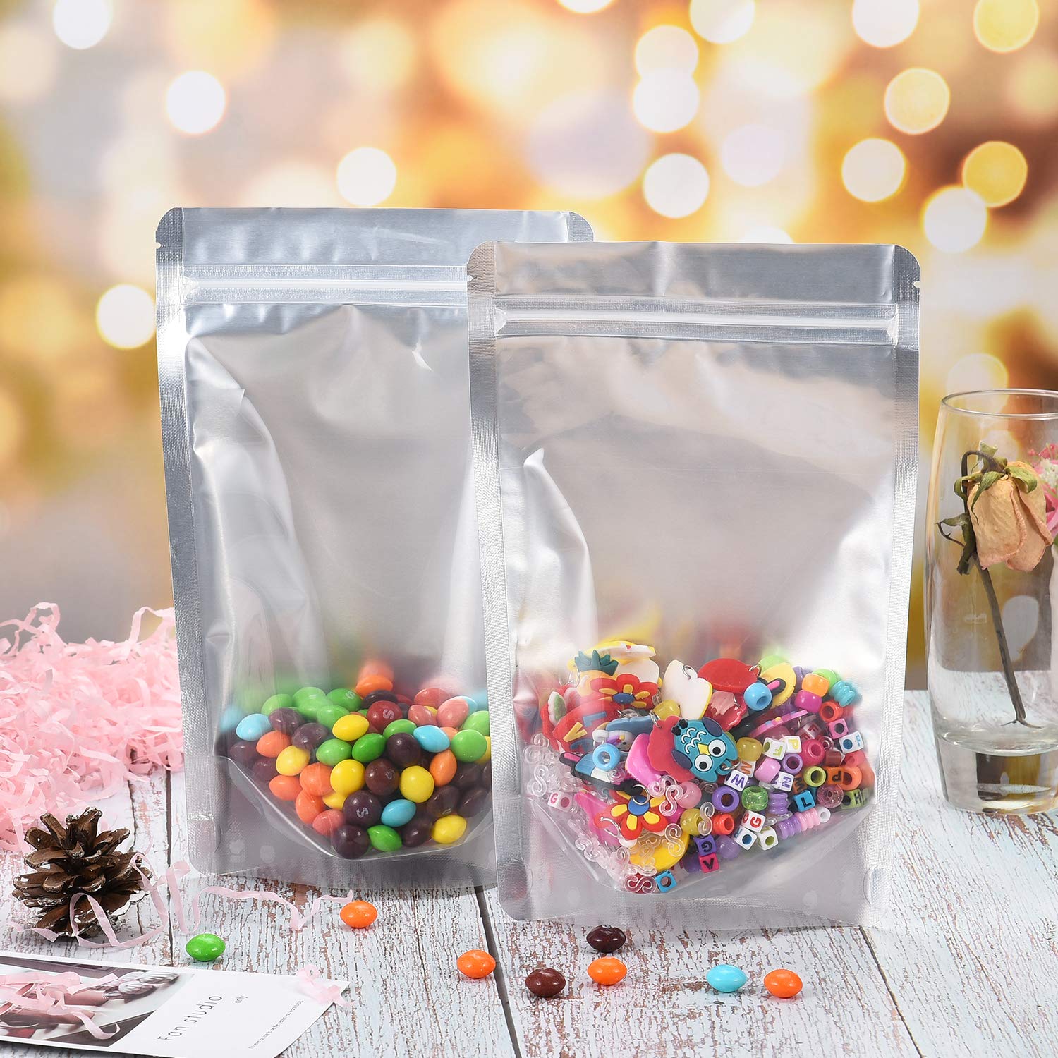 LZLPACKING 100 Pieces Smell Proof Mylar Bags- Resealable Packaging Pouch Bag with Clear Window for Food Storage,stand up pouch bags,Lipgloss,Eyelash Jewelry Electronics Storage(6×9 Inch)