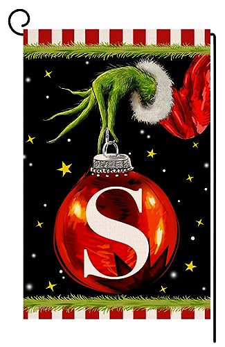 BLKWHT Christmas Monogram Letter S Garden Flag 12x18 Vertical Double Sided Winter Holiday Outside Decorations Burlap Family Last Name Initial Yard Flag