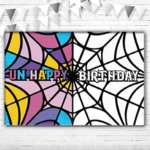Wednesday Addams Stained Glass Window Backdrop 5x3ft UN Happy Birthday Wednesday Addams Backdrop for Birthday Party Decor Vinyl Nevermore Addams Family Theme Banner for Kids