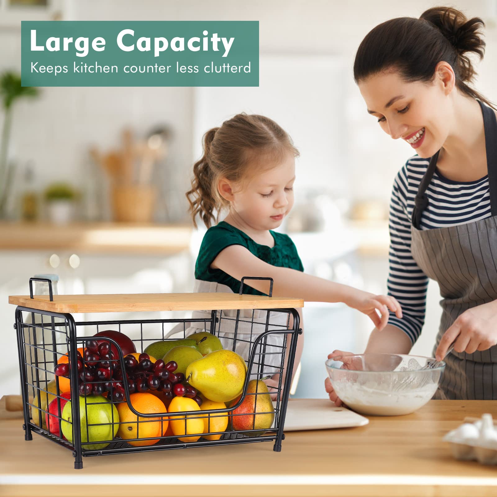 HEOMU Countertop Basket for Kitchen, Bread Vegetable Fruit Organizer Bin With Bamboo Lid, Metal Rectangular Wire Basket for Pantry Cabinet