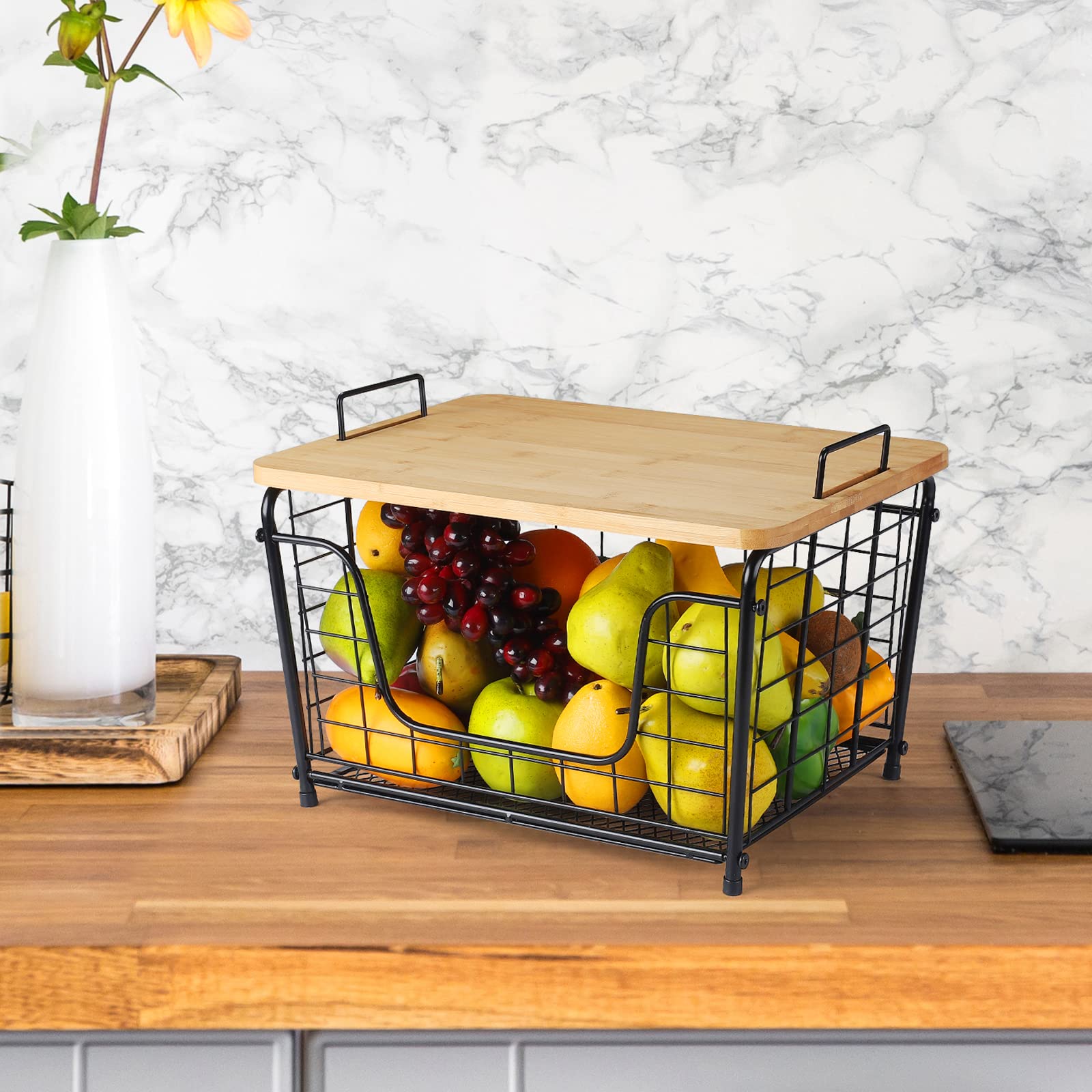 HEOMU Countertop Basket for Kitchen, Bread Vegetable Fruit Organizer Bin With Bamboo Lid, Metal Rectangular Wire Basket for Pantry Cabinet