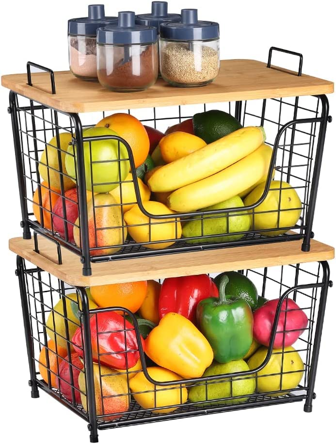 HEOMU Countertop Basket for Kitchen, Bread Vegetable Fruit Organizer Bin With Bamboo Lid, Metal Rectangular Wire Basket for Pantry Cabinet
