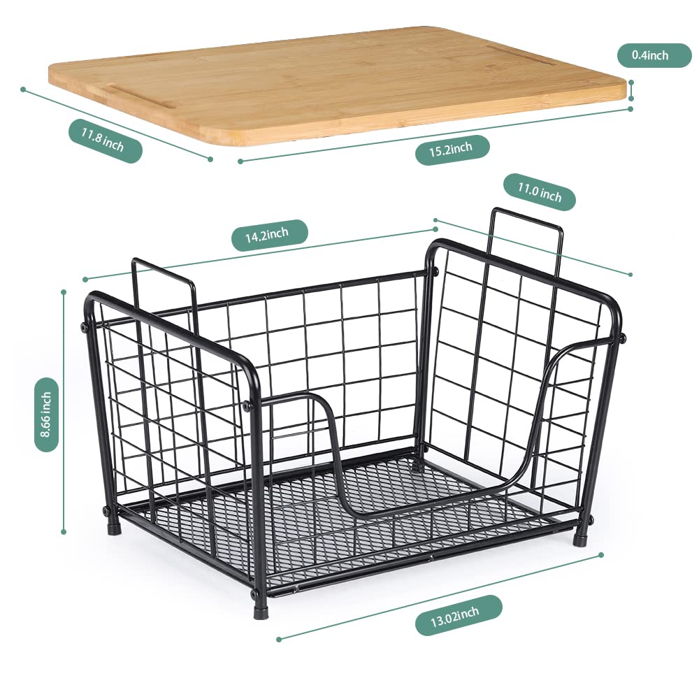 HEOMU Countertop Basket for Kitchen, Bread Vegetable Fruit Organizer Bin With Bamboo Lid, Metal Rectangular Wire Basket for Pantry Cabinet