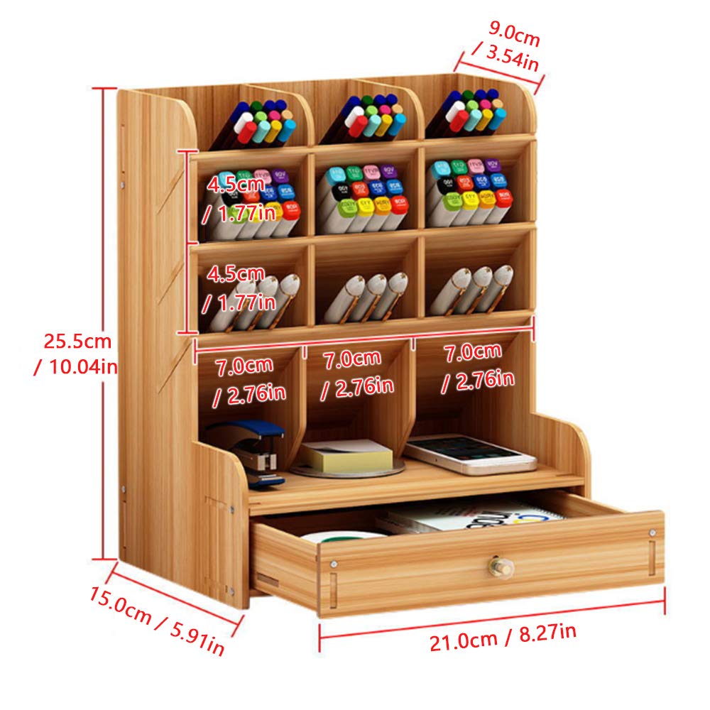 dsfen Wooden Desktop Organizer Multi-Functional Pen Holder Storage Box Desktop Stationary Storage Organizer with Drawer for Home Office School