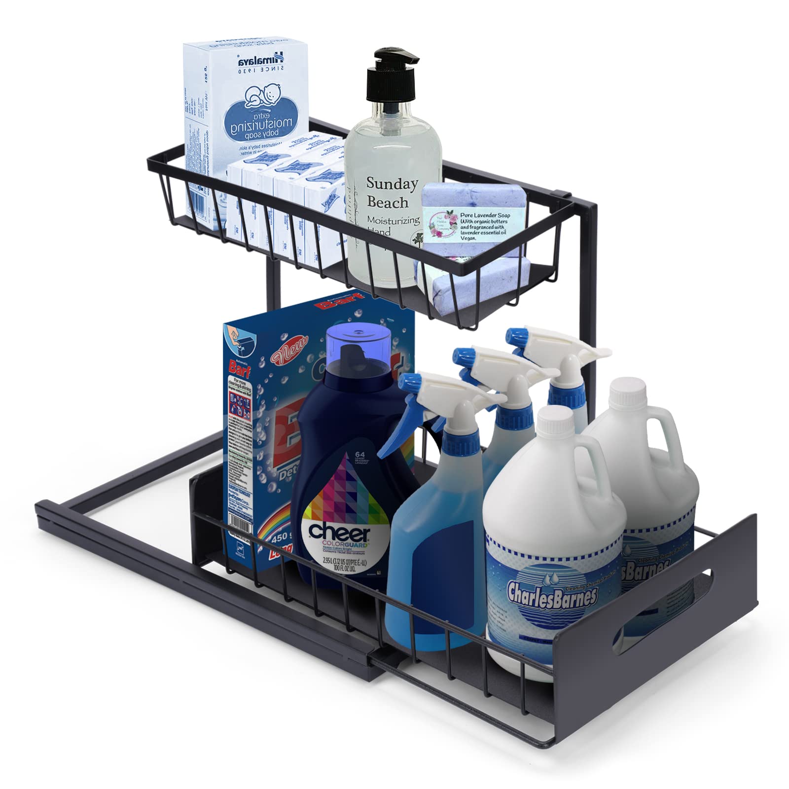 Under Sink Organizer, 2-Tier Sliding Cabinet Basket Organizer rack with 4 Hooks, Multi-purpose Black Under Sink Storage and Under Sink Shelf for Bathroom Kitchen