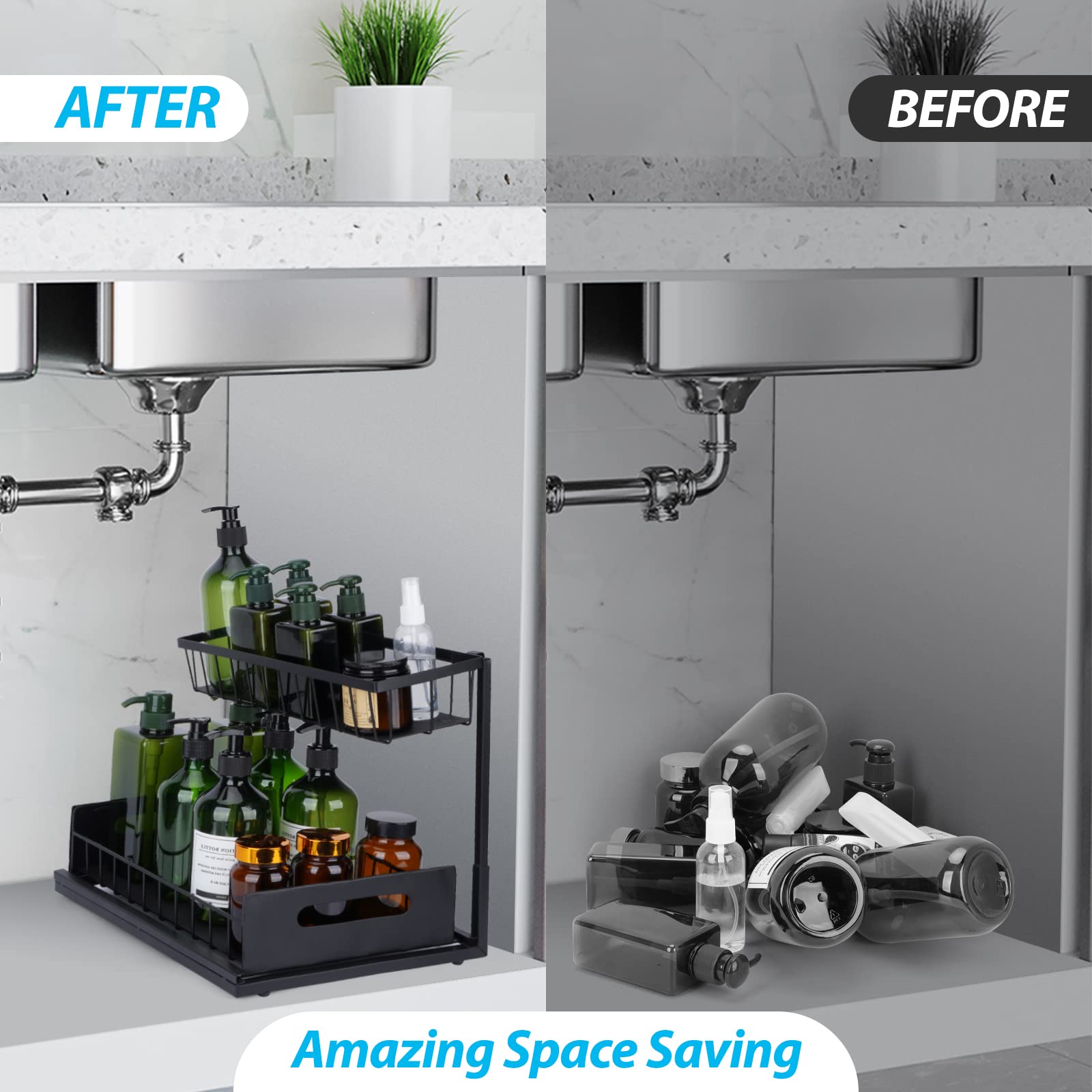 Under Sink Organizer, 2-Tier Sliding Cabinet Basket Organizer rack with 4 Hooks, Multi-purpose Black Under Sink Storage and Under Sink Shelf for Bathroom Kitchen