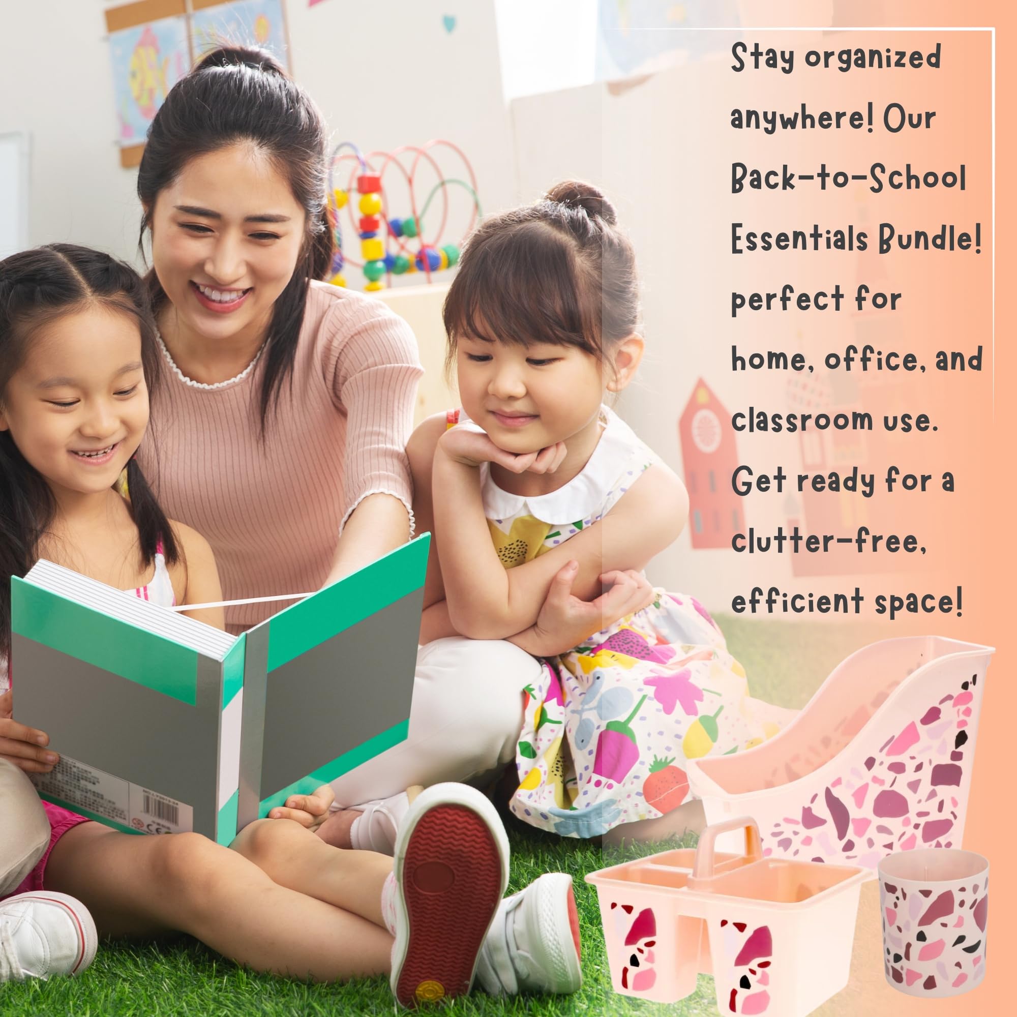 A1 Unlimited Back to School Essentials Bundle, (PEACH) Printed Design Pastel Pencil Cup Craft Caddy Interlocking Book Bin Perfect Storage Organizer Holder for Home Office Classroom with Bonus Item