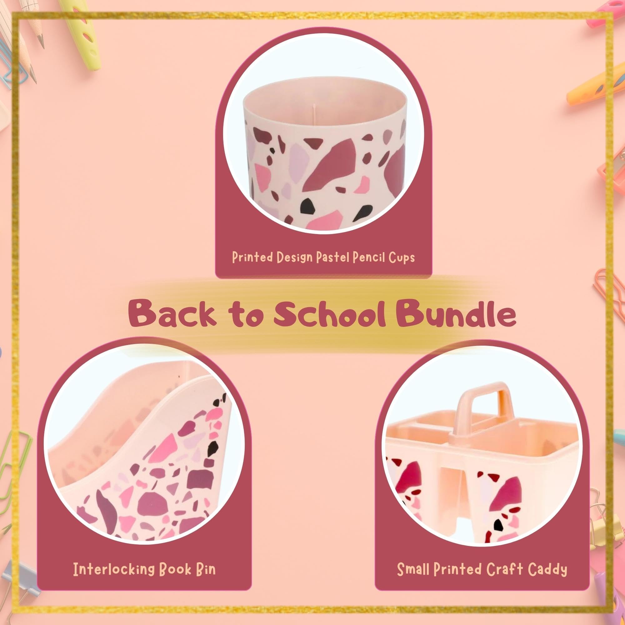 A1 Unlimited Back to School Essentials Bundle, (PEACH) Printed Design Pastel Pencil Cup Craft Caddy Interlocking Book Bin Perfect Storage Organizer Holder for Home Office Classroom with Bonus Item