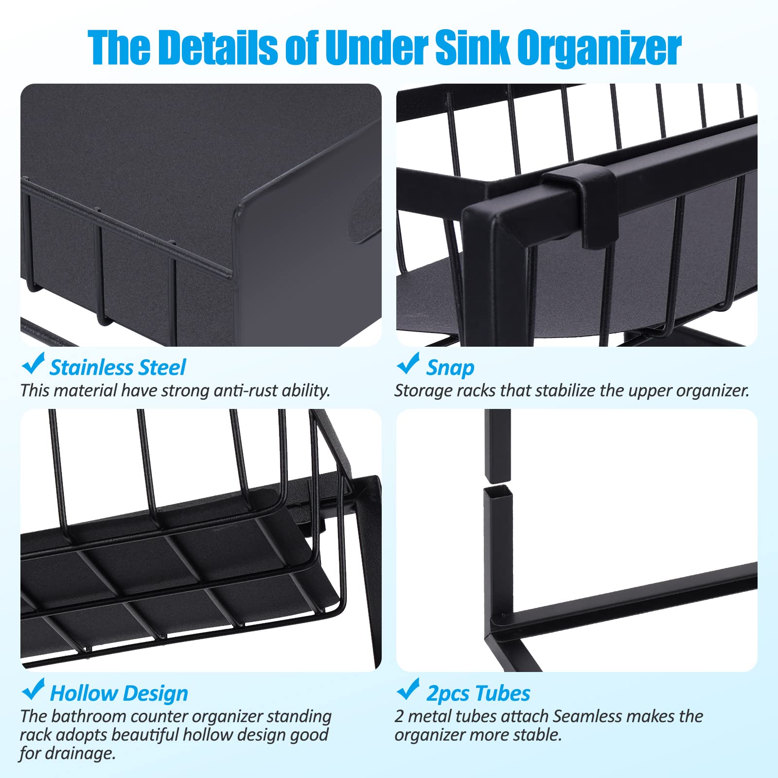 Under Sink Organizer, 2-Tier Sliding Cabinet Basket Organizer rack with 4 Hooks, Multi-purpose Black Under Sink Storage and Under Sink Shelf for Bathroom Kitchen
