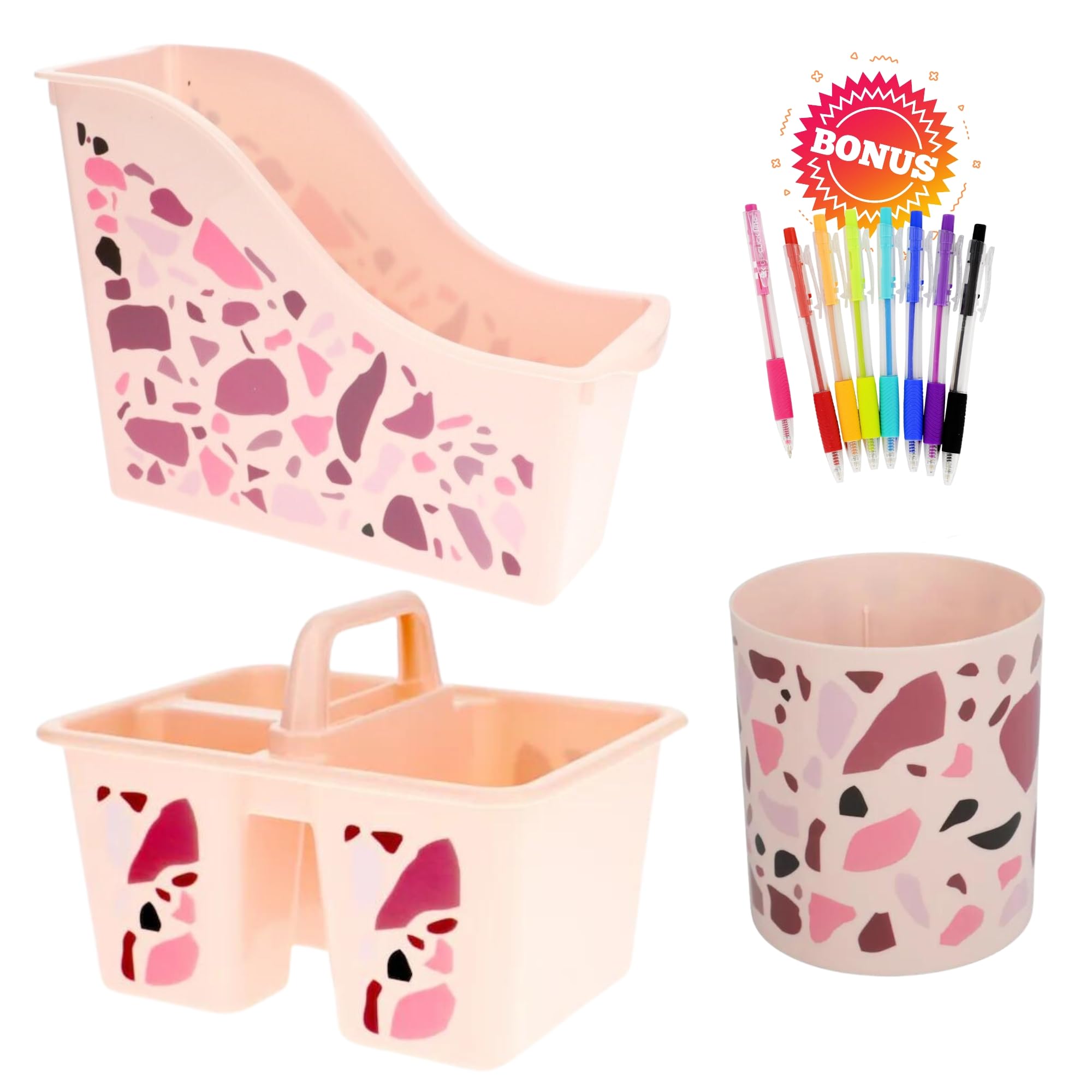 A1 Unlimited Back to School Essentials Bundle, (PEACH) Printed Design Pastel Pencil Cup Craft Caddy Interlocking Book Bin Perfect Storage Organizer Holder for Home Office Classroom with Bonus Item